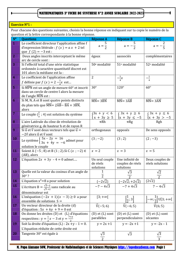 Liste de Fichiers PDF pour la 3ème - Monsieur TALL